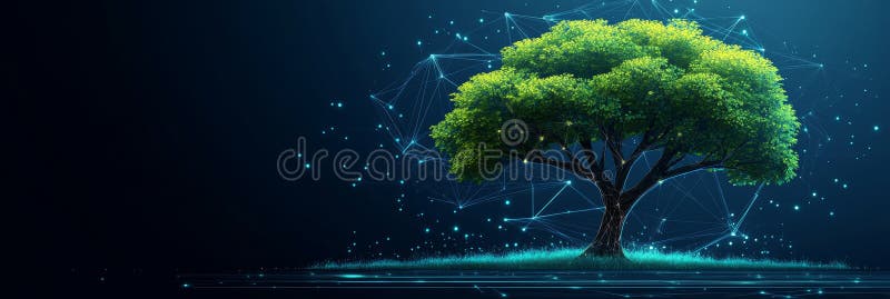 Glowing Green Tree with Digital Network, Futuristic Technology for ...