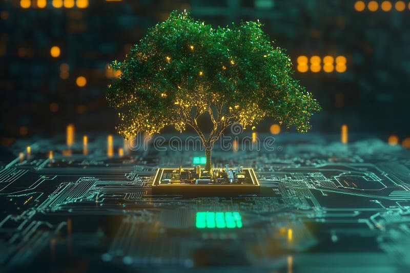Glowing Green Tree Growing Futuristic Circuit Board Technology Nature ...