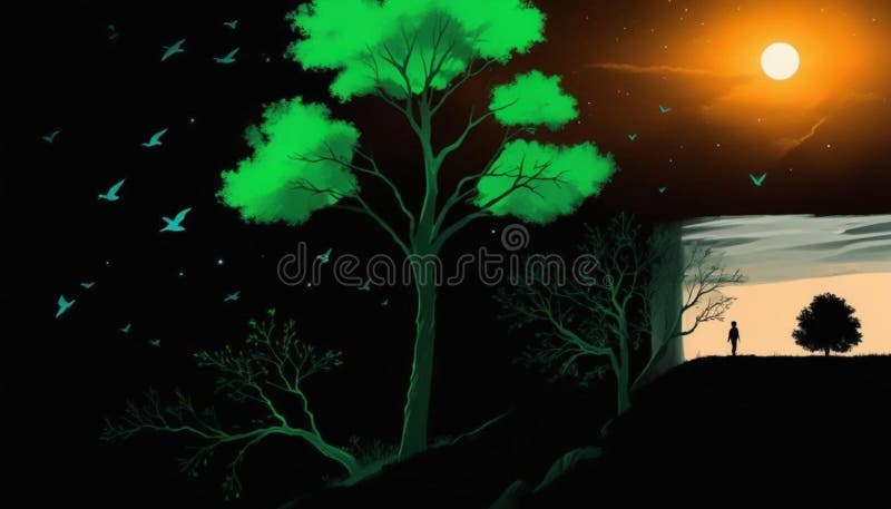 A Glowing Green Tree in a Night Sky with Silhouettes of Person and a ...