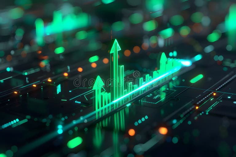 Glowing Green Upward Trend Graph on Dark Tech Surface Neon Arrows ...