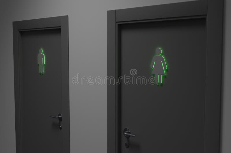 Glowing Green WC Signs on Dark Toilet Doors. 3d Render Stock ...