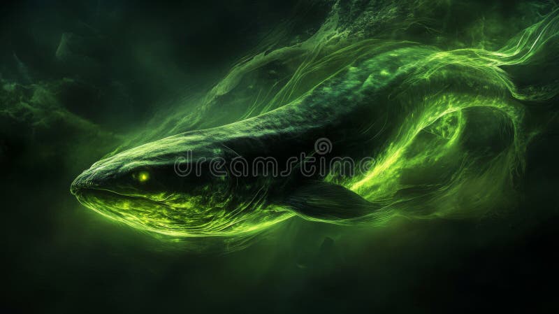 Glowing Green Whale in Dark Ocean Depths Stock Illustration ...