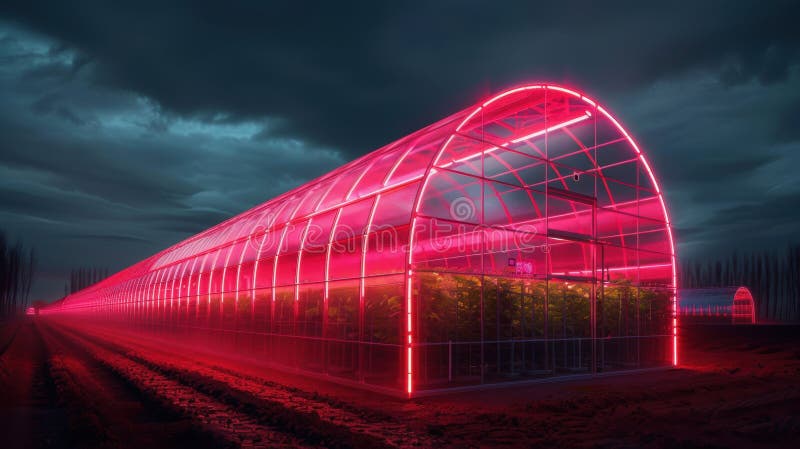 Illuminated Greenhouse Night Showcasing Advanced Led Farming Technology ...