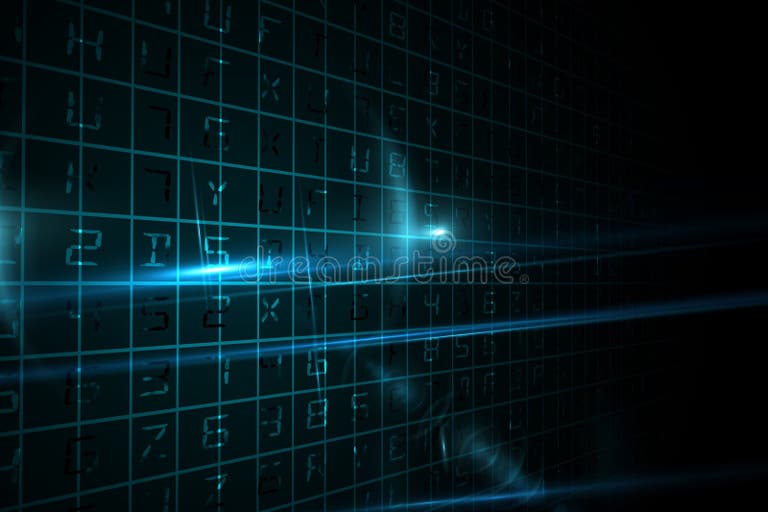 Glowing Grid of Alphanumeric Characters is Floating with Blue Beams ...