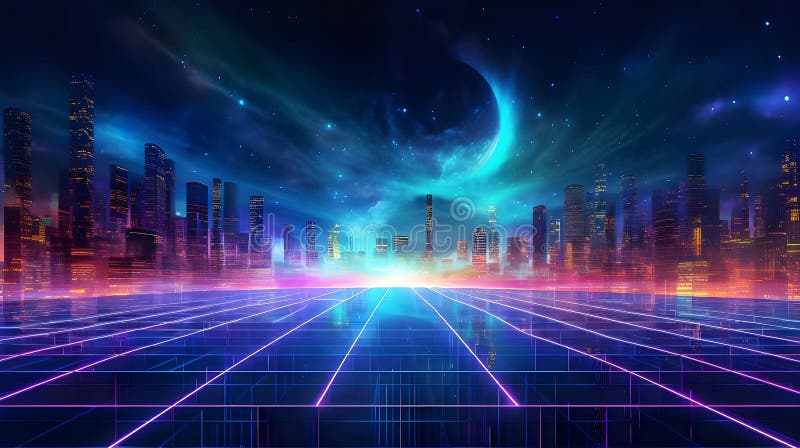 Glowing Grid Lines Pattern Under Urban City Centre Night Scene Stock ...