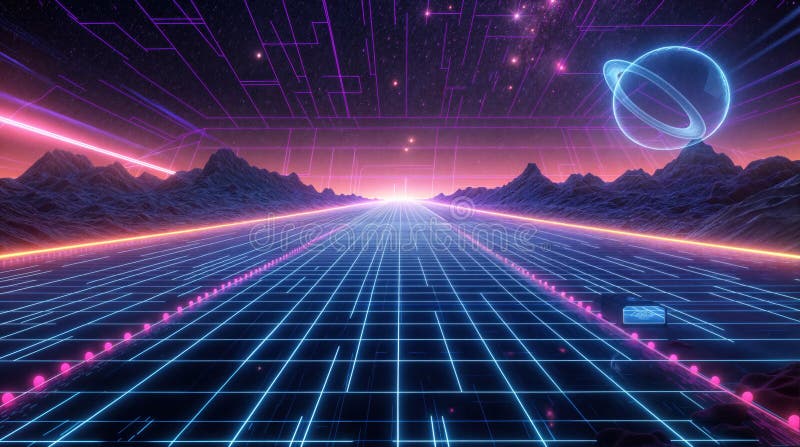 Retro Futuristic Highway with Ringed Planet Stock Illustration ...