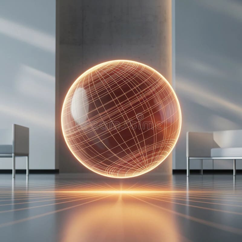 Glowing Grid Sphere in Modern Room with Chairs and Concrete Pillars ,AI ...