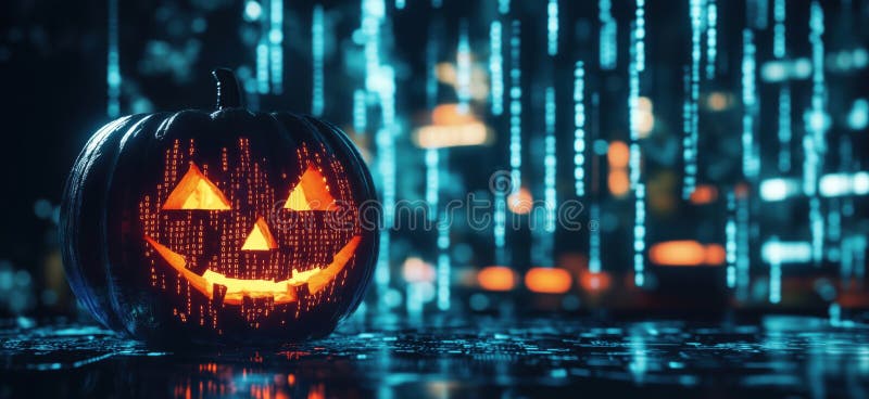 Glowing Halloween Pumpkin with Binary Code, Digital Background, Festive ...