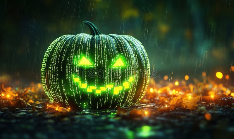 Glowing Halloween Pumpkin with Binary Code, Vibrant Green Light, Autumn Leaves, Rainy Background ...