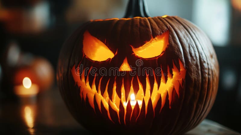 Glowing Halloween Pumpkin with Sharp Features and Menacing Expression ...