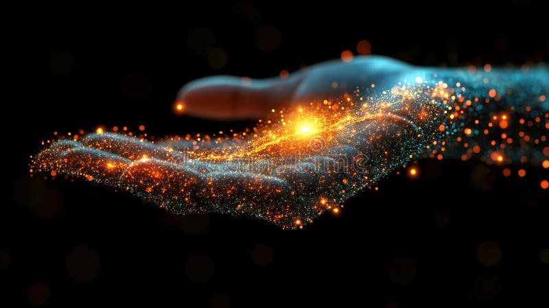 Glowing Hand with Cosmic Particles and Light, Symbolizing Energy and ...
