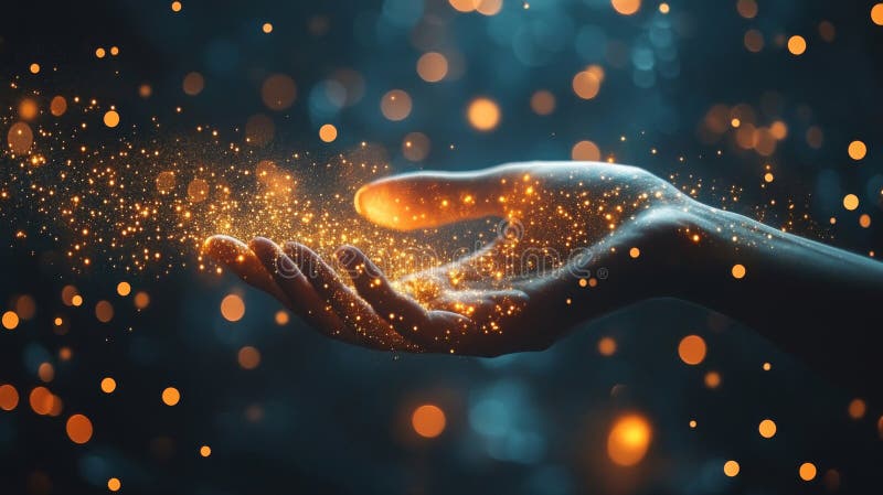 Glowing Hand with Golden Sparkles Against Dark Blue Background Stock ...