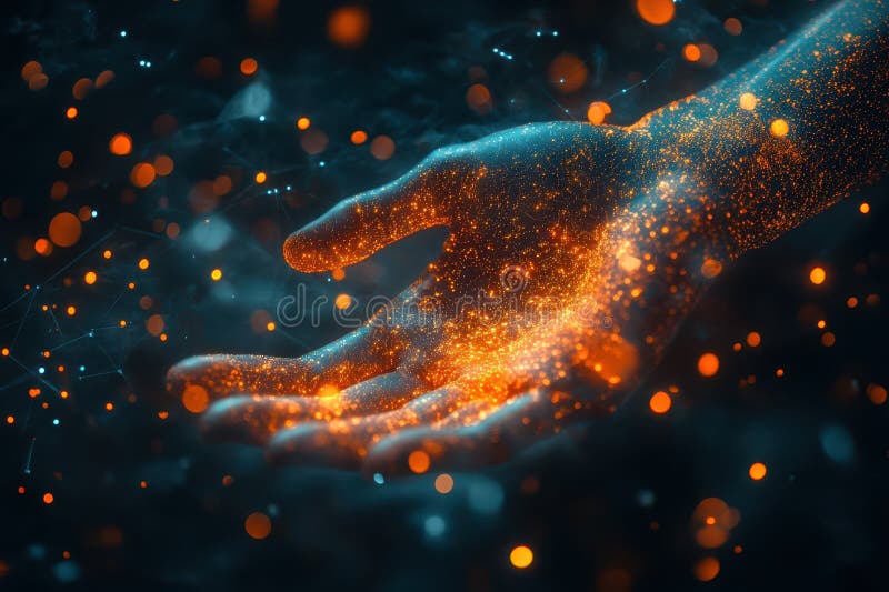 Glowing Hand Holding Digital Stardust Network Technology Stock ...