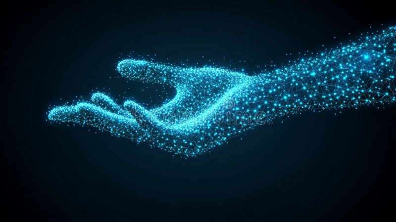 Glowing Hand Interacting with Digital Network on Blue Background ...
