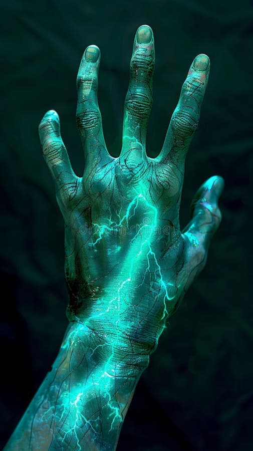 Glowing Hand with Vibrant Green Lightning Patterns Stock Photo - Image ...