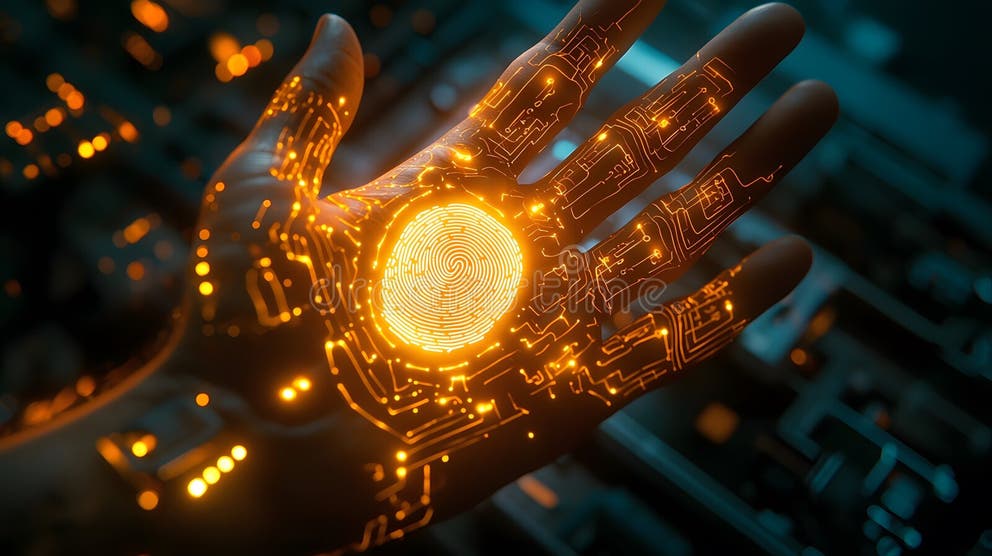 Glowing Handprint for Secure Access Technology Stock Illustration ...