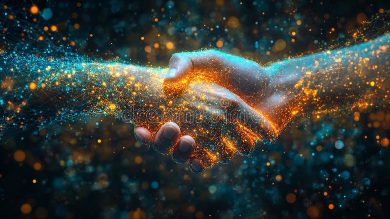 Glowing Hands Clasping in a Sparkly Abstract Background Stock ...