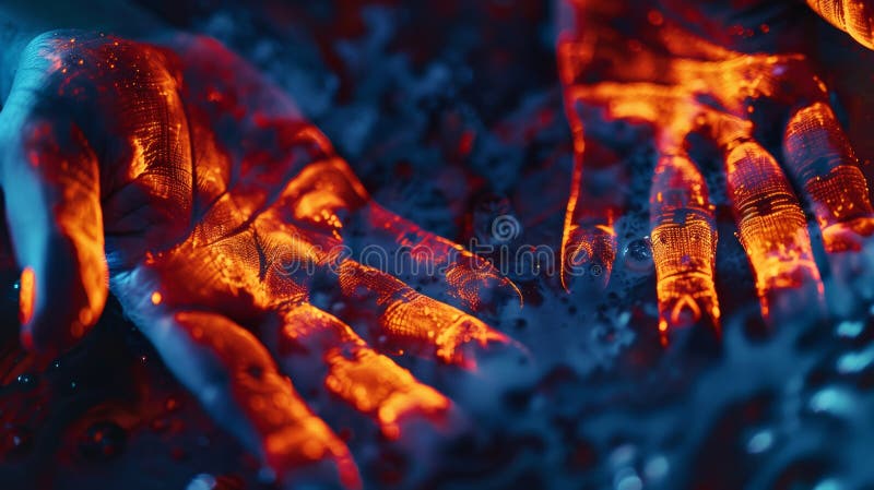 Glowing Hands with Fiery Digital Patterns Stock Photo - Image of touch ...