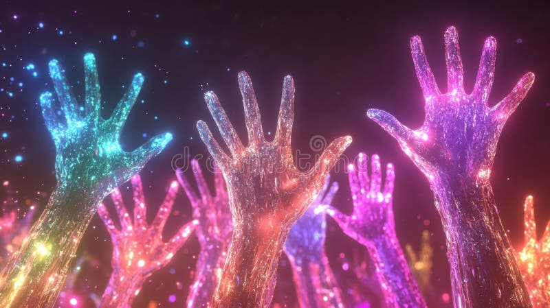 Glowing Hands Reaching Upwards in Unity and Celebration Stock Photo ...