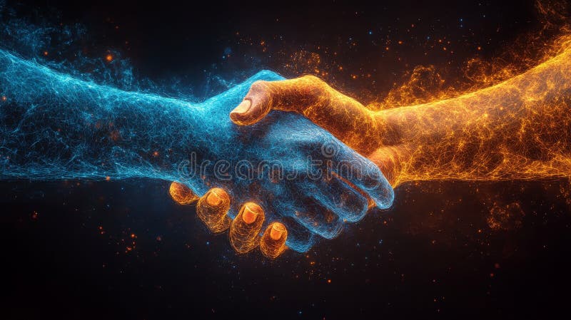 A Glowing Handshake between Blue and Orange Hands Symbolizing Unity and ...
