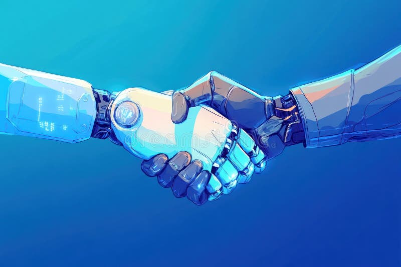 A Glowing Handshake between a Robotic and a Human Hand in Neon Blue ...