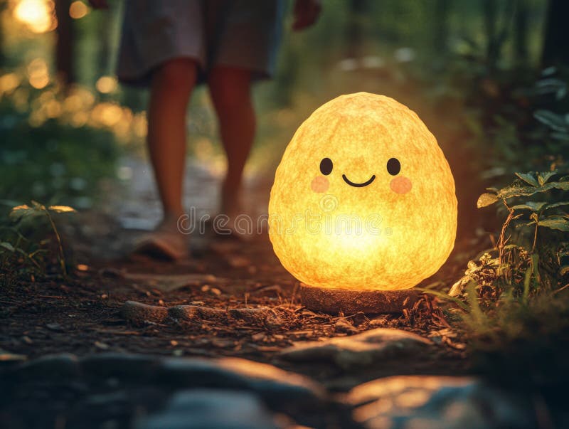 Glowing Happy Lamp Illuminates Forest Path with Warm Smile at Dusk ...