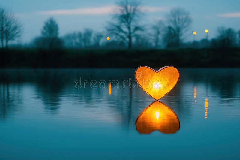 Glowing Heart Floating on Water at Sunset Creating Ripples Stock ...