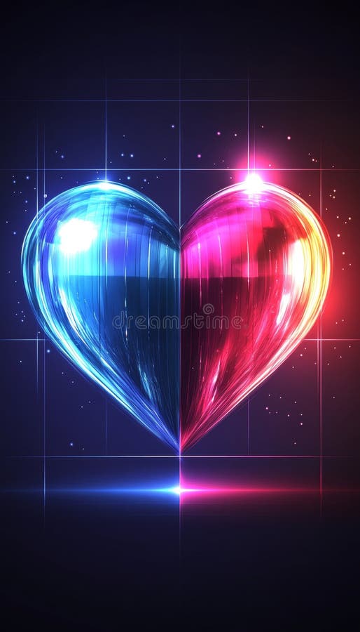 Glowing Heart Icon, Red and Blue Heart, Grid Background, Modern Abstract Vector Style Stock ...