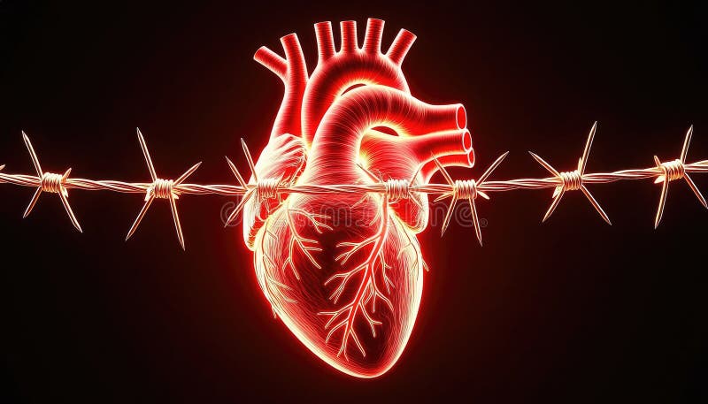 Glowing Heart Illustration Surrounded by Barbed Wire on a Dark ...