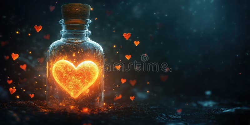 Glowing Heart Inside Glass Bottle with Floating Hearts in Dark ...