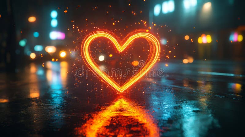 Glowing Heart in a Rainy City at Night Stock Illustration ...