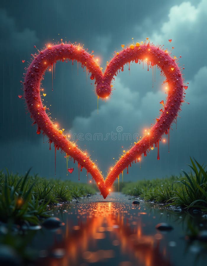 Glowing Heart in Rainy Landscape with Reflections and Dramatic Sky ...