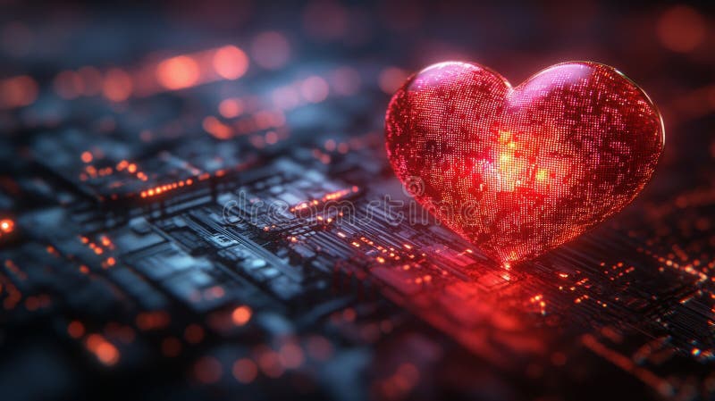 Glowing Heart Shape Above Digital Circuit Board Represents Technology ...