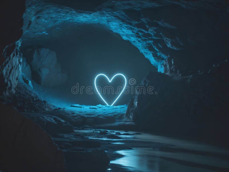 Glowing Heart Shape in Mysterious Cave with Blue Luminescence Stock ...