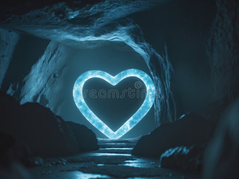 Glowing Heart Shape in Mysterious Cave with Blue Luminescence. Stock ...