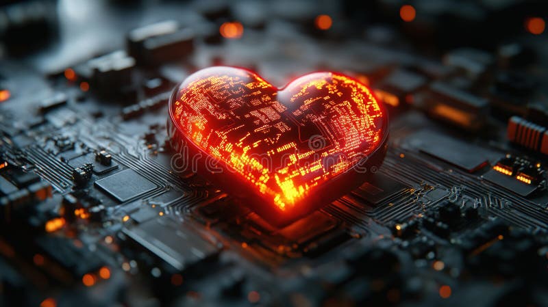 Glowing Heart Shaped Circuit on a Dark Computer Motherboard Stock Image ...