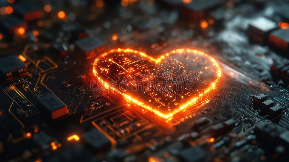 Glowing Heart Shaped Circuit Symbolizing Technology and Love Stock ...