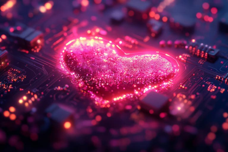 A Glowing Heart-Shaped Digital Image on a Circuit Board Stock ...