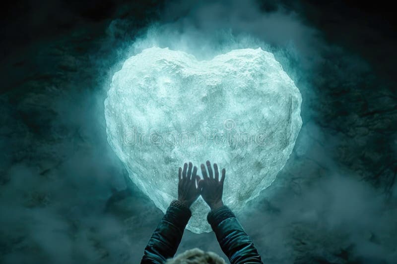 Glowing Heart-shaped Ice in Dark Cave with Hands Reaching Out Stock ...