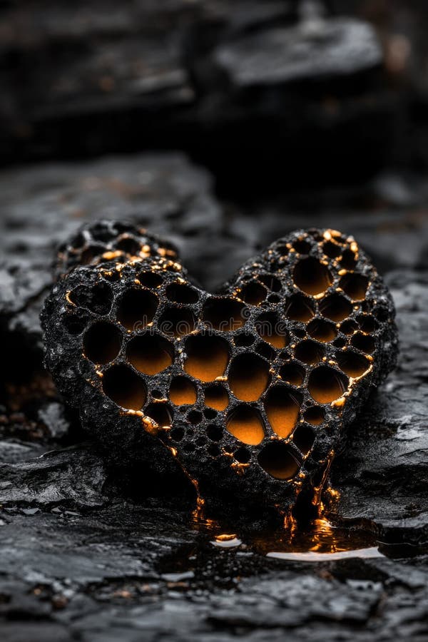 Glowing Heart-shaped Lava Rock with Honeycomb Patterns on Dark Terrain ...
