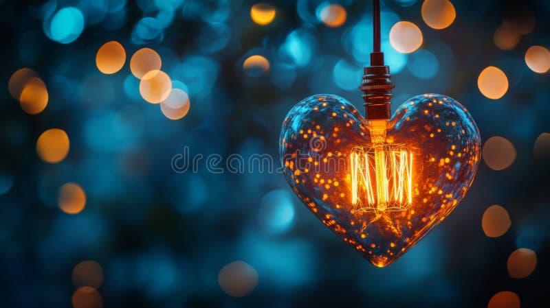 Glowing Heart Shaped Lightbulb with Bokeh Background Stock Illustration ...