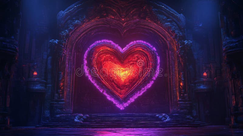 Glowing Heart Shaped Portal in Dark Ancient Architecture Stock ...