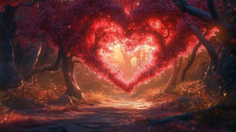 Glowing Heart Shaped Tree in a Magical Forest Path AI-generated. Stock ...