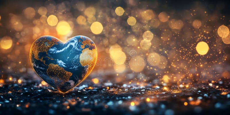 A Glowing Heart Shaped World Rests on a Surface Filled with Sparkles ...