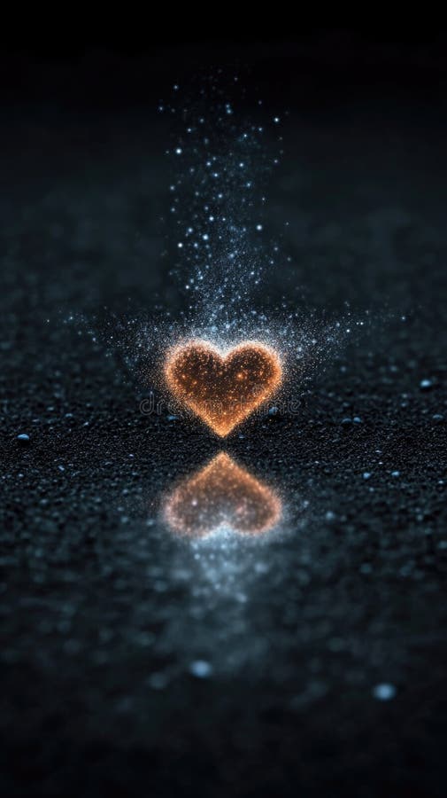 Glowing Heart Sparkle Reflection on Black Surface with Dotted Glow ...