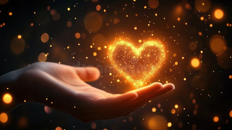 Glowing Heart Symbol in Hand with Sparkling Particles and Bokeh Effect ...