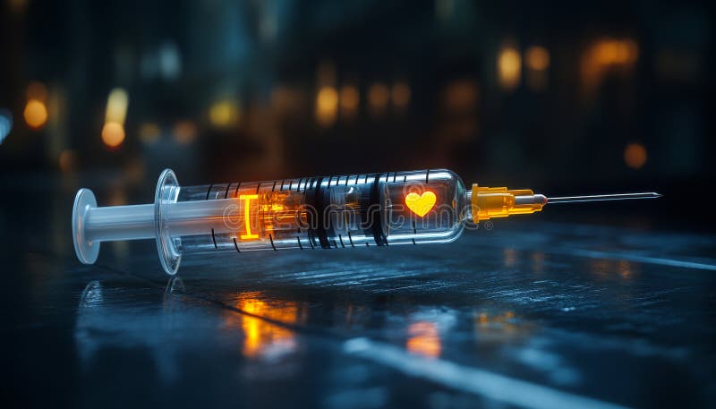 Glowing Heart Syringe at Night Stock Image - Image of details, drop ...