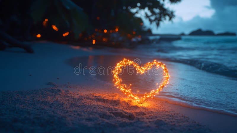 Glowing Heart on Tropical Beach at Night Stock Illustration ...