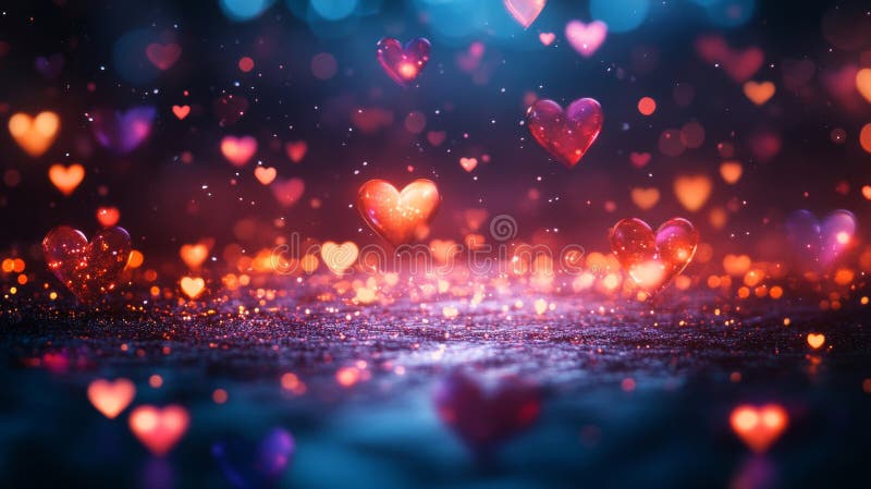 Glowing Hearts Falling on Glittering Surface Stock Illustration ...