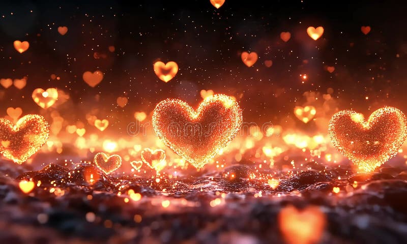 Glowing Hearts Float Above Fiery Ground Romantic Digital Art Stock ...